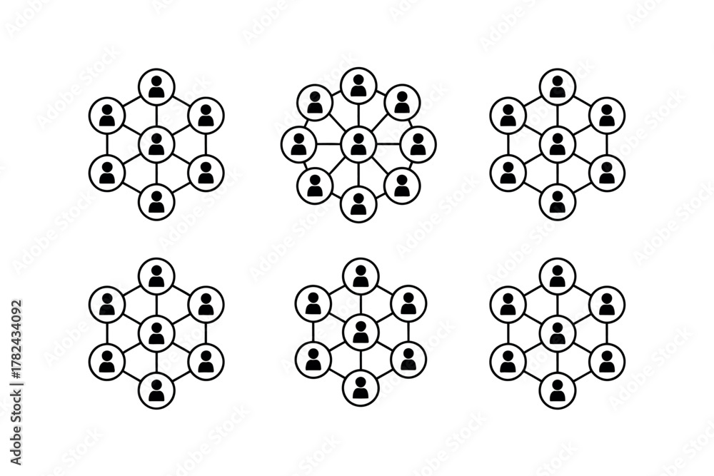Six network diagrams showing different connection patterns for social ...