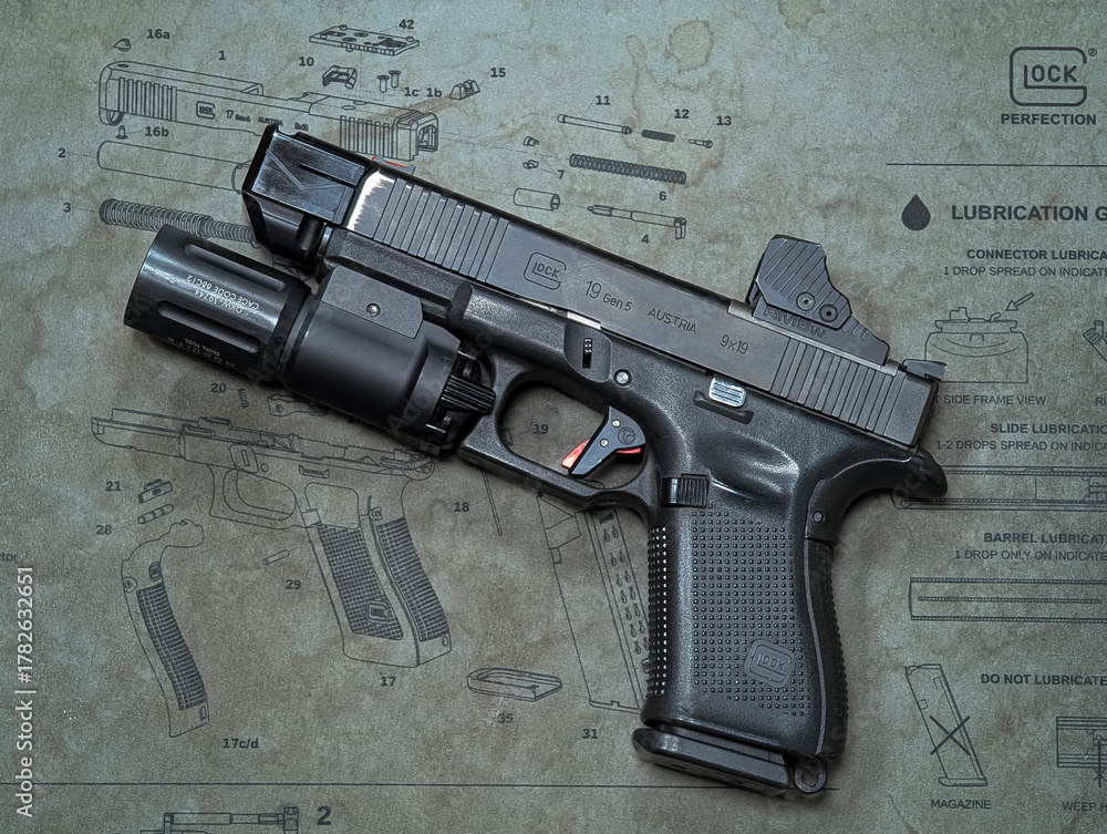 Baltics November 7, 2025: Tactical modified Glock 19 Gen 5 pistol with ...