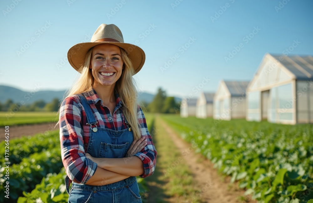 Happy woman farmer poses arms crossed in front of greenhouses and crops ...