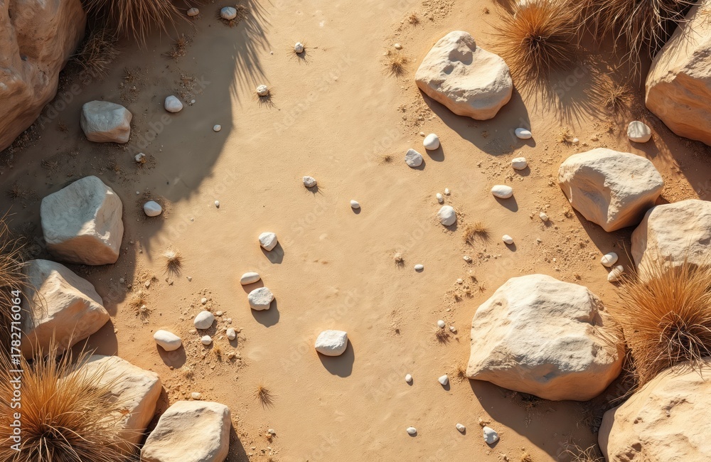 Overhead view of dry desert landscape. Sandy ground features various ...