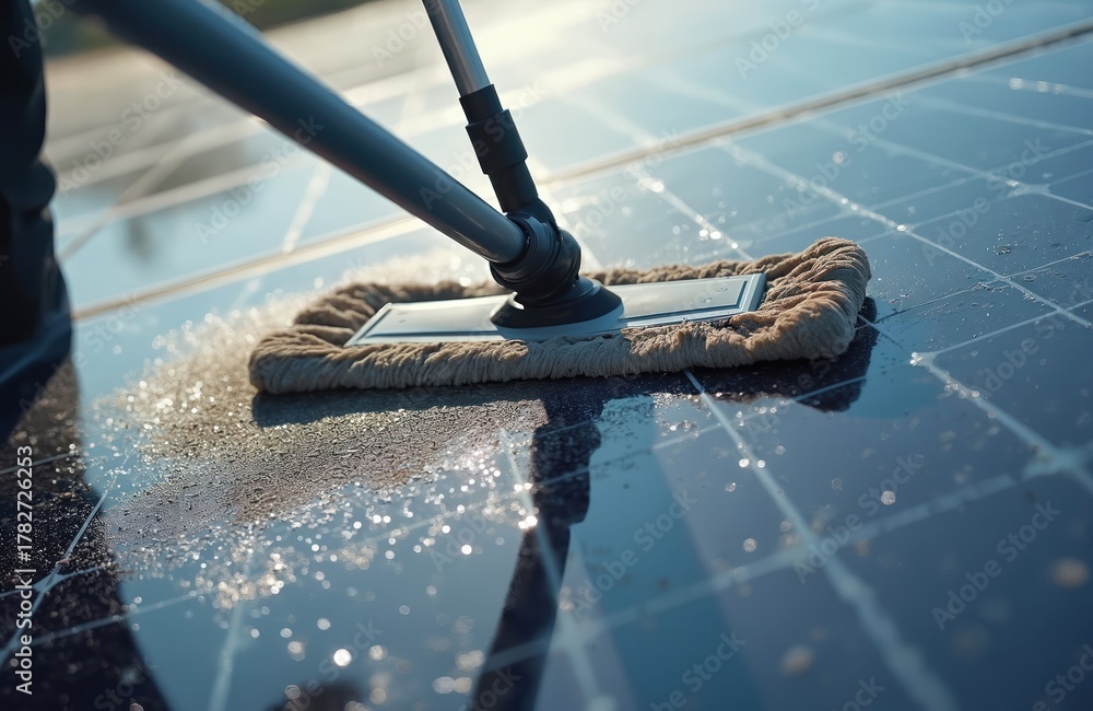 Man cleans solar panels with mop on roof. Person uses water, cleaning ...
