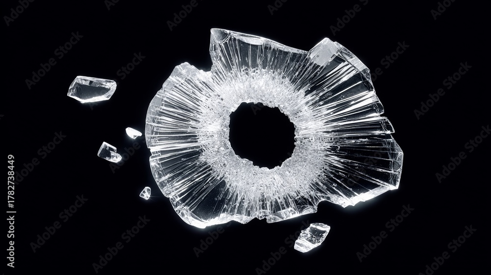 Shattered glass window with a hole in the center. The broken glass is ...