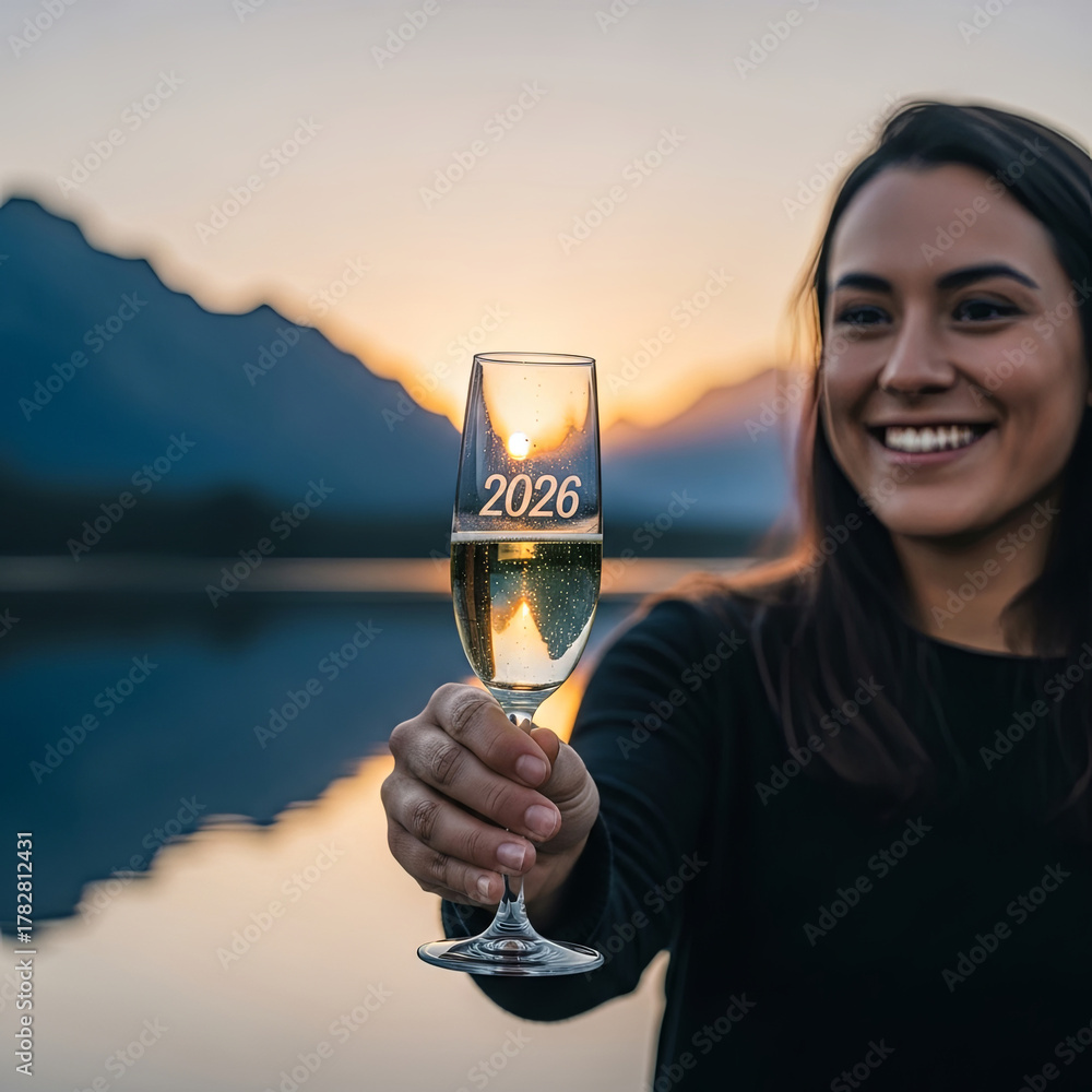 Célébration du Nouvel An 2026 au bord d’un lac, femme trinquant au ...