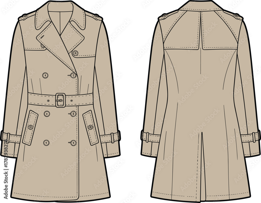 Trench coat flat sketch, front and back views with belt, epaulets ...