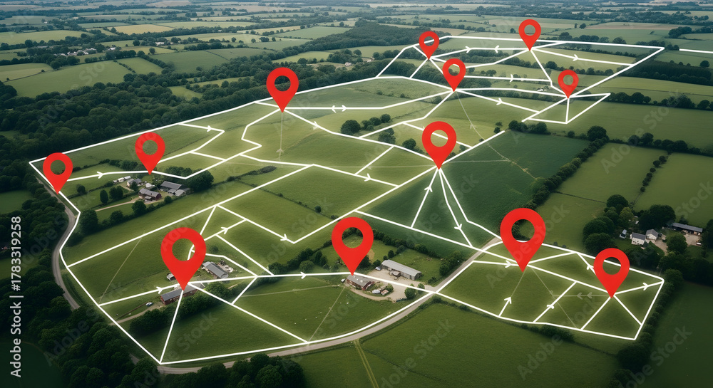 Aerial view of property mapping with location markers and connected ...