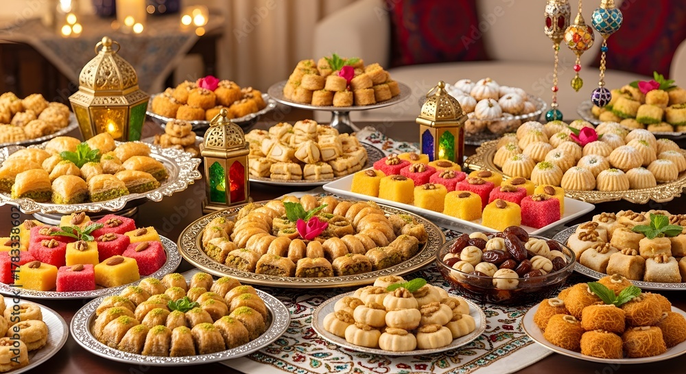 Photo Stock Lavish Arabic sweets buffet table for Eid celebration ...