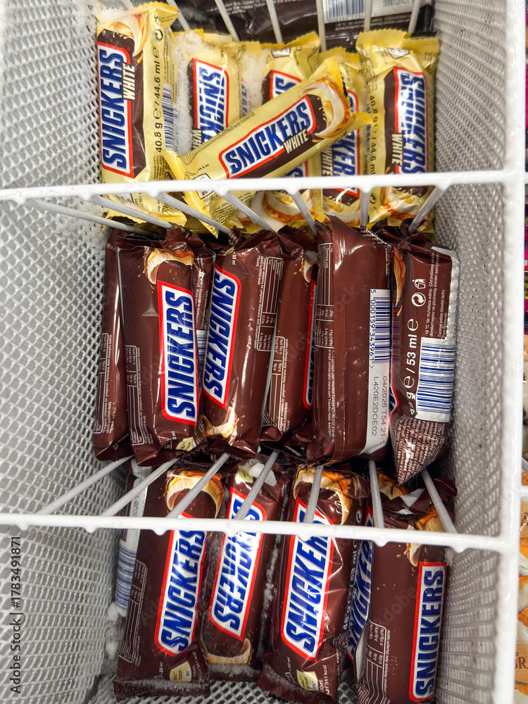 Istanbul, Turkey - August 27, 2025: Snickers ice cream bars in freezer ...