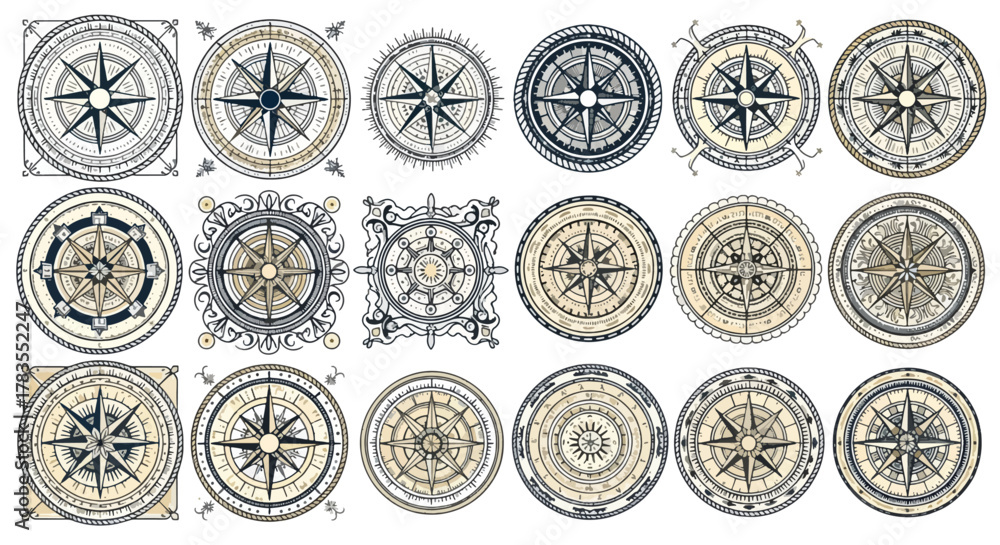 Vintage Compass Rose Vector Set – Nautical Navigation Map Symbols and ...