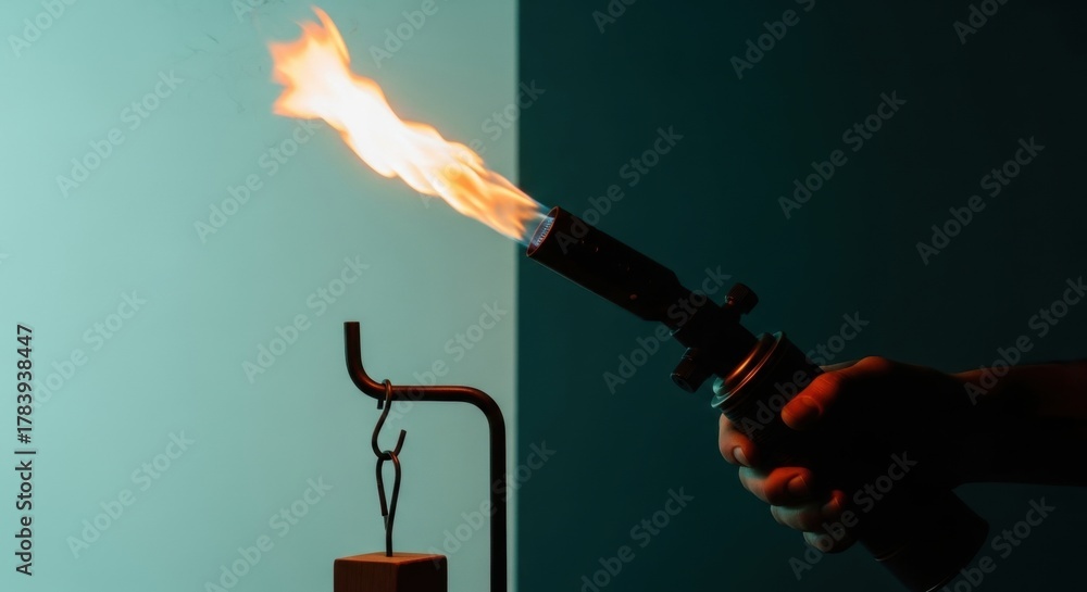 Person using a powerful butane torch for a precision task. Intense ...