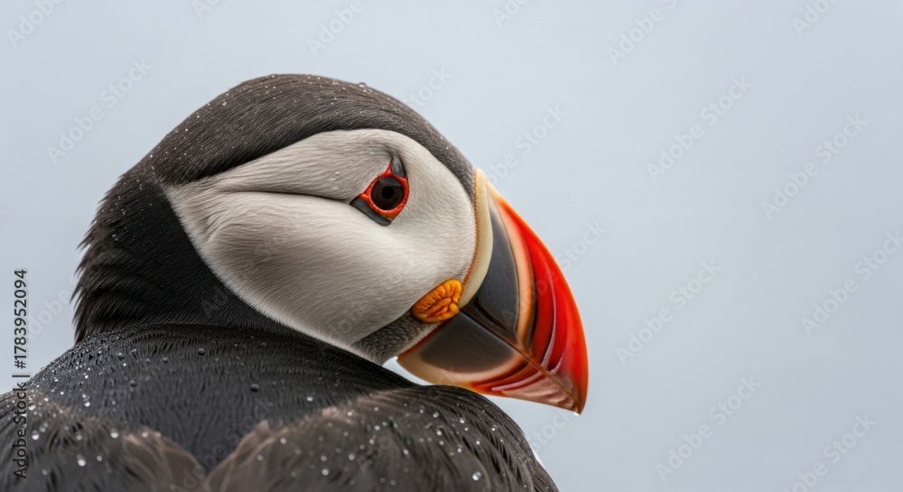 Atlantic puffin profile with a vibrant beak. Detailed macro view of a ...