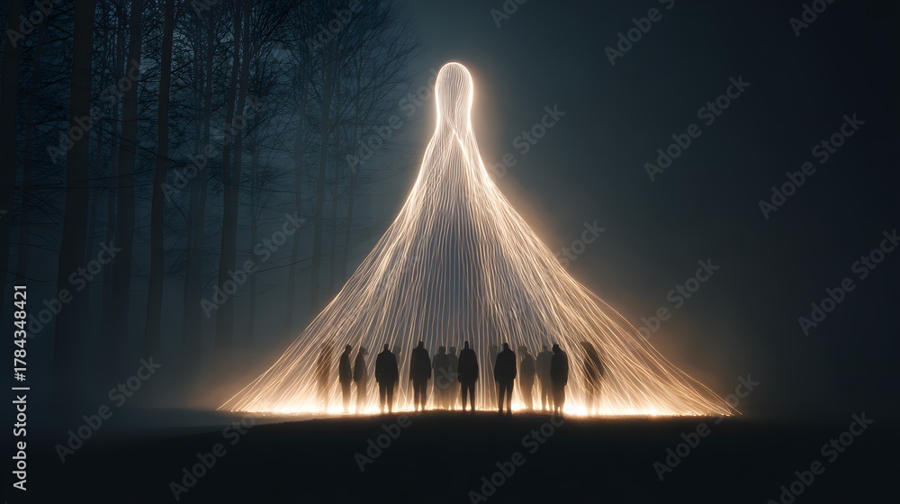 Silhouetted figures stand beneath an inverted cone of brilliant light ...