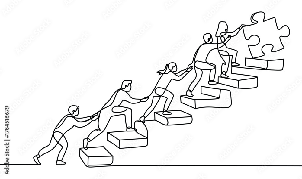 continuous line drawing of team helping each other climb stairs and ...