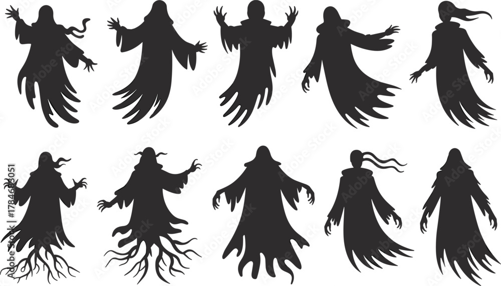 Image vectorielle Stock Collection of spooky ghost silhouette ...