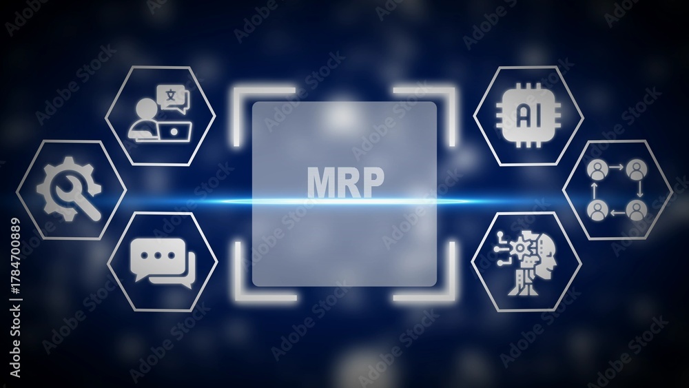 MRP Concept with Hexagonal Icons and AI Technology on Blue Background ...
