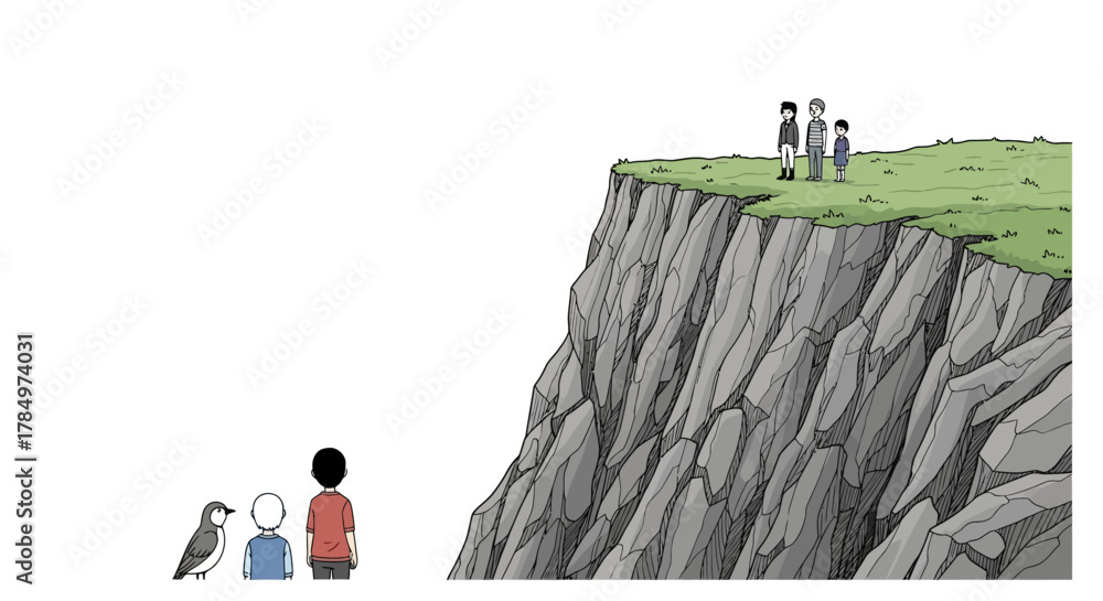 Distant figures on a cliff with onlookers below creating a sense of ...