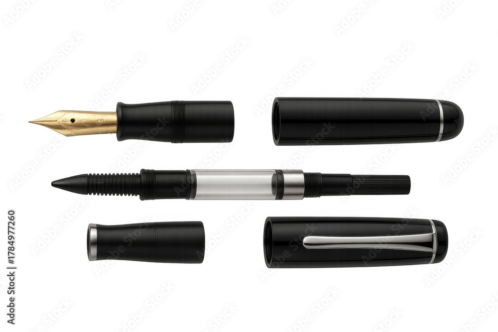 Fountain pen disassembled into parts, showing nib, ink converter ...