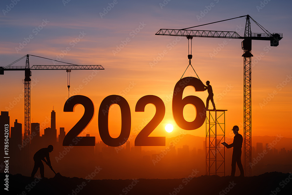2026 Building the Future — Cranes and Workers Lifting Numerals at Dawn ...