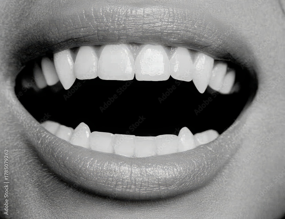 Woman's mouth is open with her teeth showing. The teeth are missing and ...