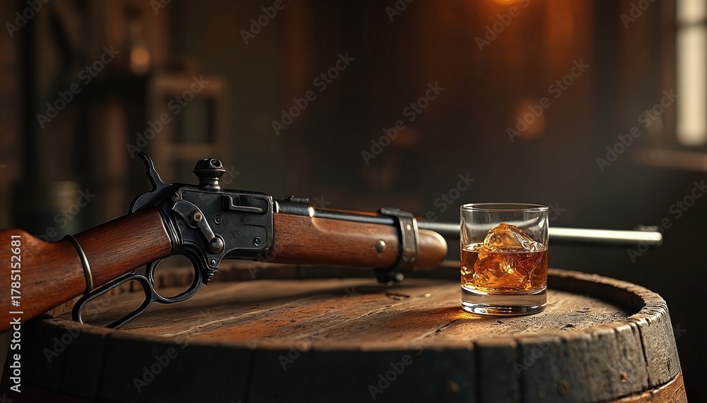 Vintage lever action rifle, whiskey glass with ice sit on old wooden ...