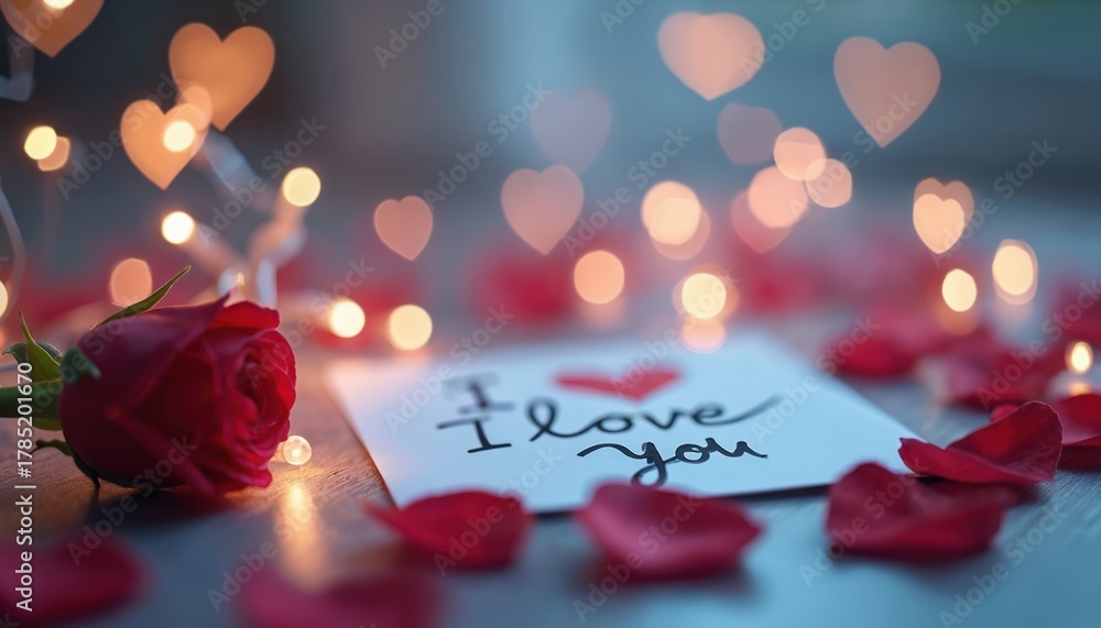 Red rose lays on table near card with inscription I love you. Rose ...