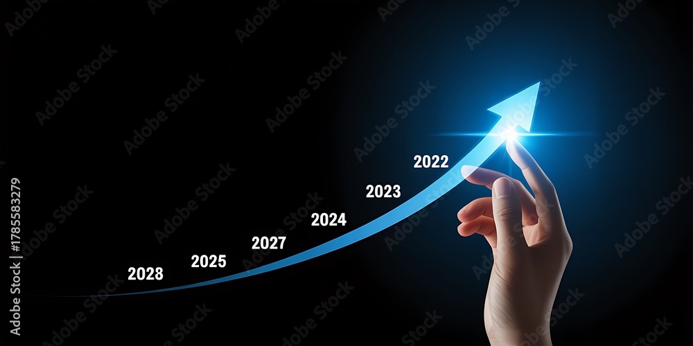 Hand touching a glowing blue arrow pointing upwards with years 2022 to ...