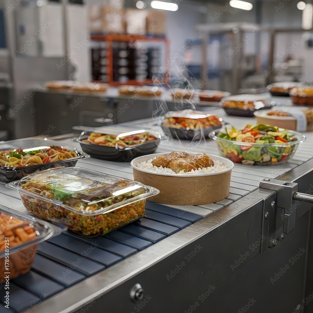 Assorted Ready-to-Eat Meals on Food Factory Conveyor Belt, Automated ...