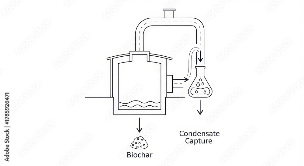 Illustration of biochar production process, showing the conversion of ...