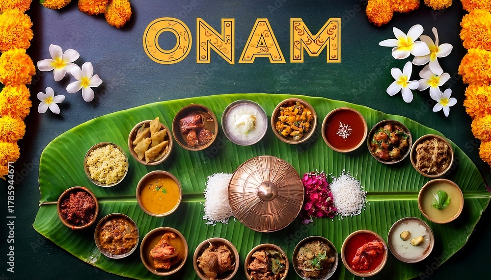 Top view of a colorful Onam poster featuring the Onam Sadya dinner on a ...