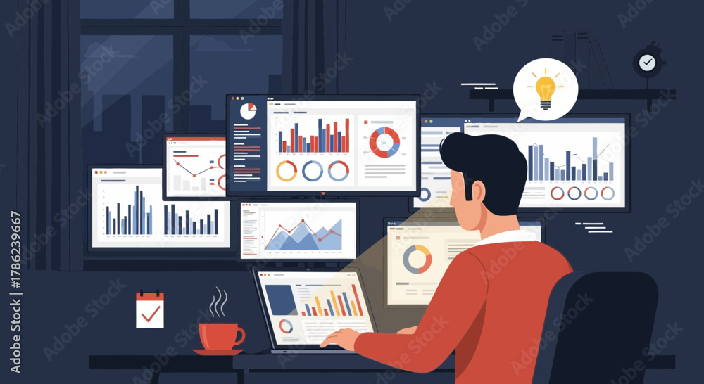 Data Analyst Working at Night Reviewing Business Charts and Financial ...