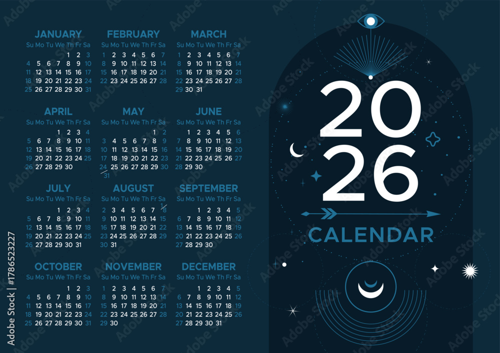 Blue calendar with celestial elements: all-seeing eye, sun, moon. Horizontal A4 calendar for ...