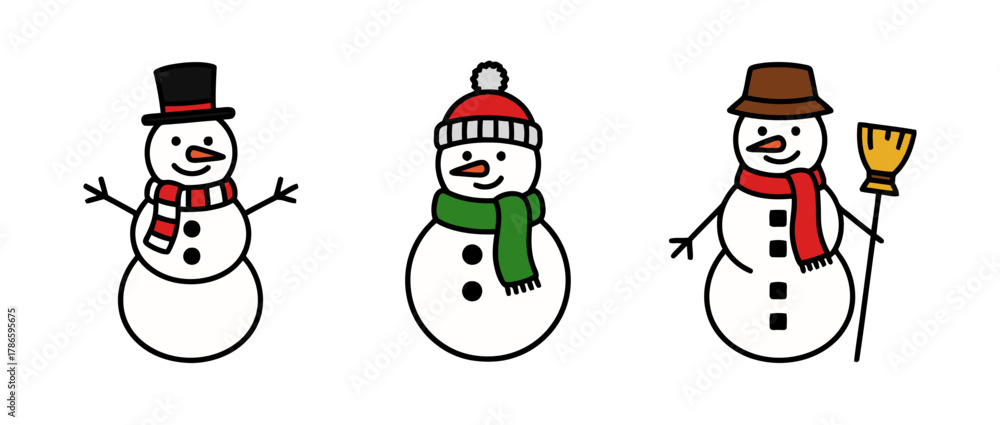 Festive Snowman Trio with Hats and Scarves Ready for Winter Holiday Fun ...