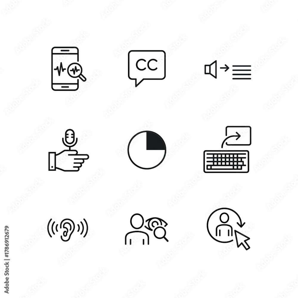 line icons illustrating accessibility features including captions ...