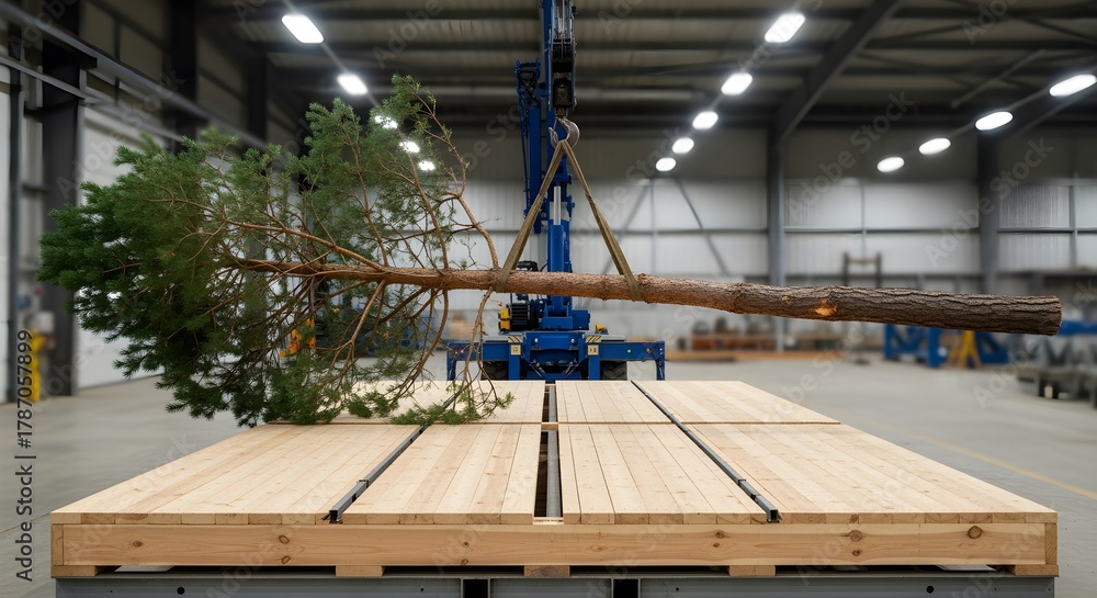 Large pine tree log being transported by a crane inside a modern timber ...
