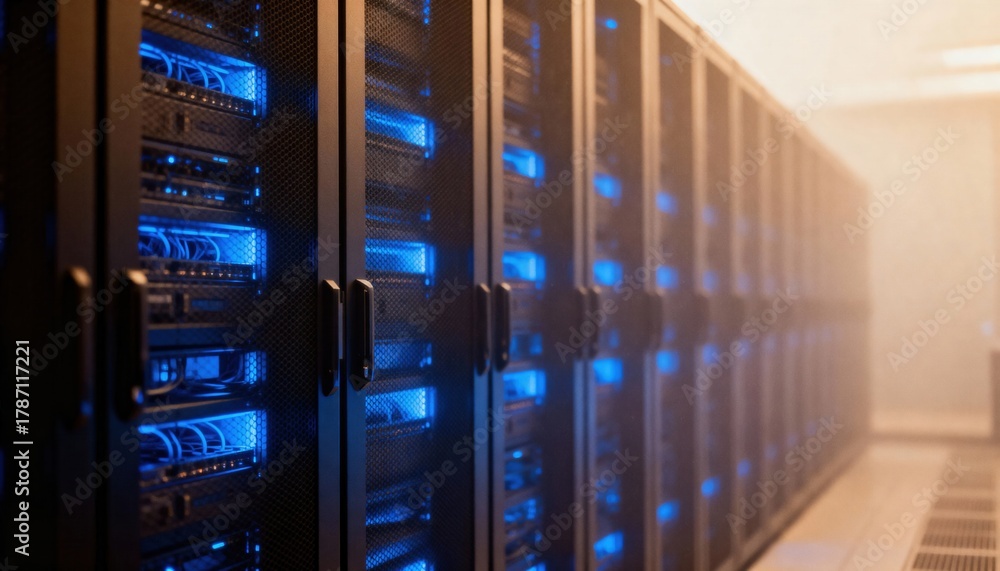 Data Center's Core: A row of cutting-edge servers pulses with ...