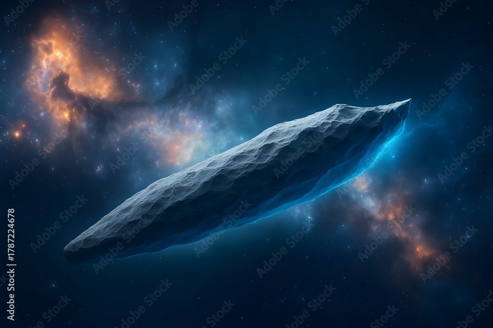 A long asteroid floats in space surrounded by blue and orange nebulae ...