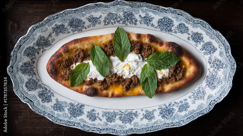 flatbread. Ground lamb flatbread drizzled with yogurt, featuring warm ...