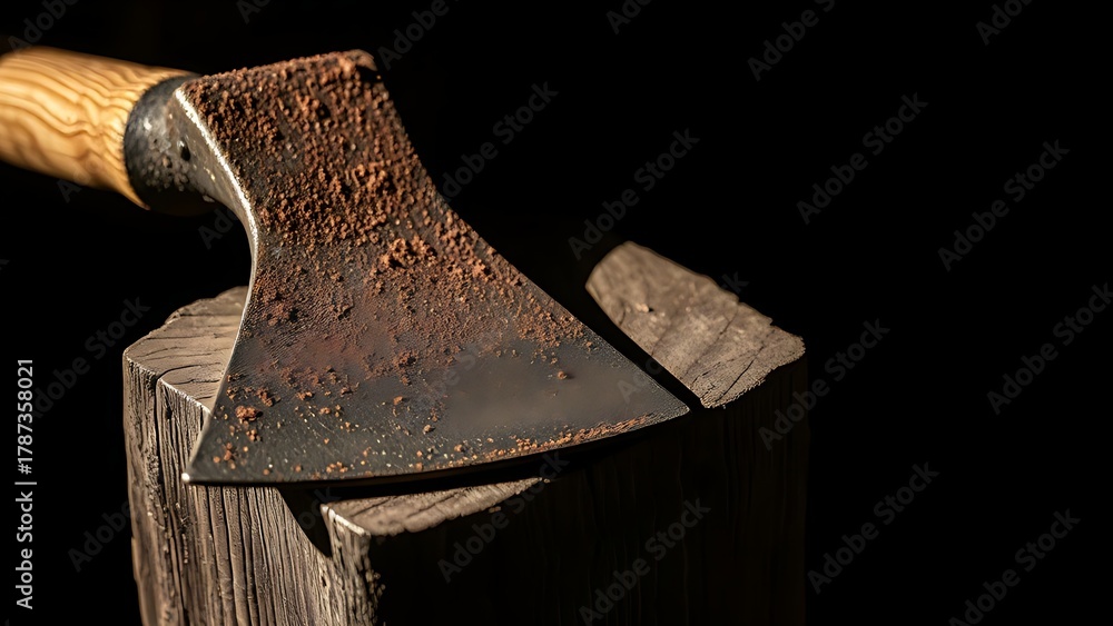 axe. A rusty axe blade resting on a wooden block in dramatic lighting ...