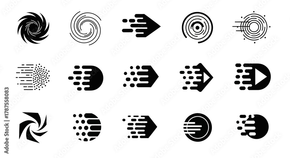 Dynamic motion icons and symbols capturing speed, progress, and digital ...
