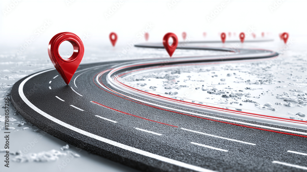 A winding road with multiple location markers, indicating a journey or ...