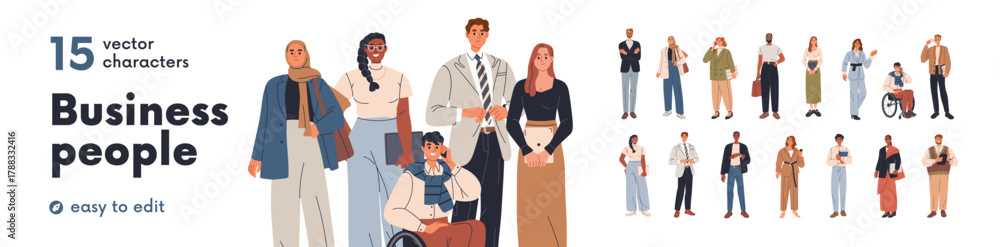 Diverse business people set. Happy office workers, employees ...