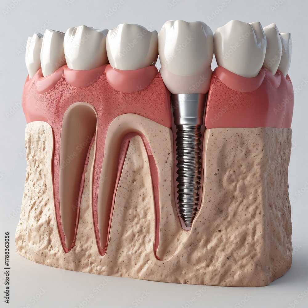 Detailed 3D Dental Implant Illustration Showing Screw Design and Tooth ...