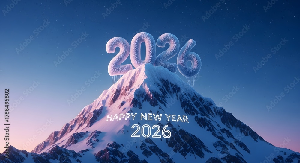 Stock-Foto „Majestic snowy mountain peak crowned with glowing 2026 ...