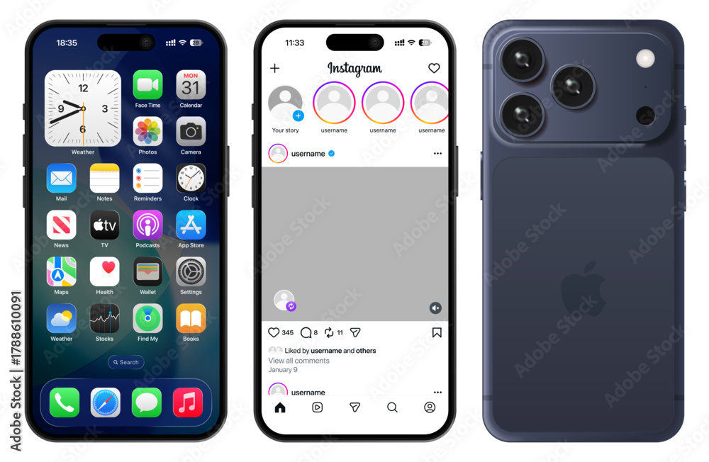 Apple iPhone 17 Pro front screen and back view with Instagram UI ...