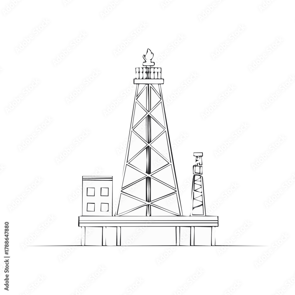 Offshore oil rig platform derrick flare stack outline drawing energy ...