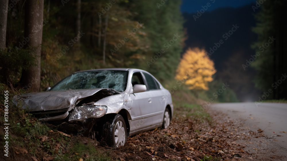 car crash scene showing a sedan that collided with a utility pole on ...