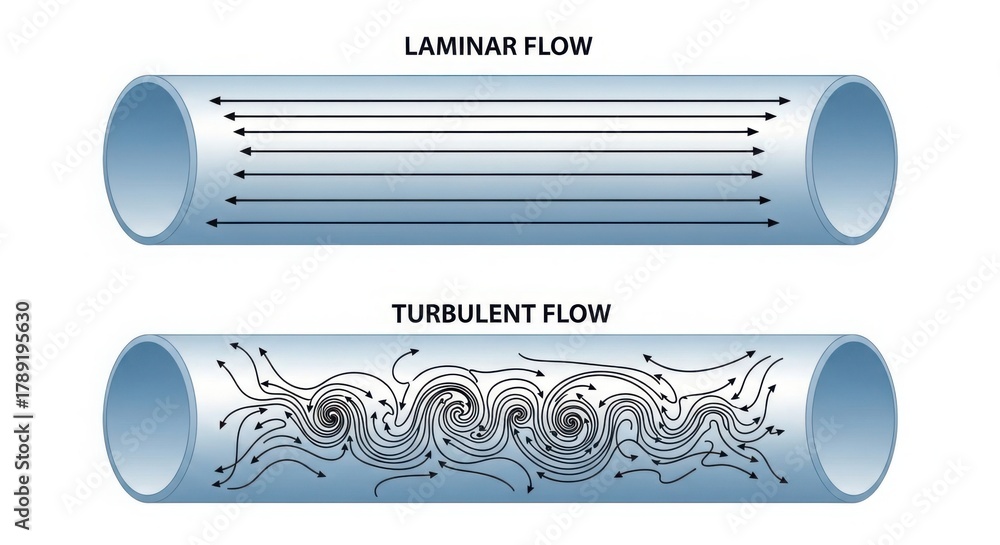 Diagram comparing laminar flow vs turbulent flow in a pipe illustrating ...