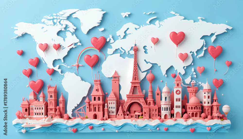 ภาพถ่าย Stock World map with famous landmarks and heart shaped balloons ...