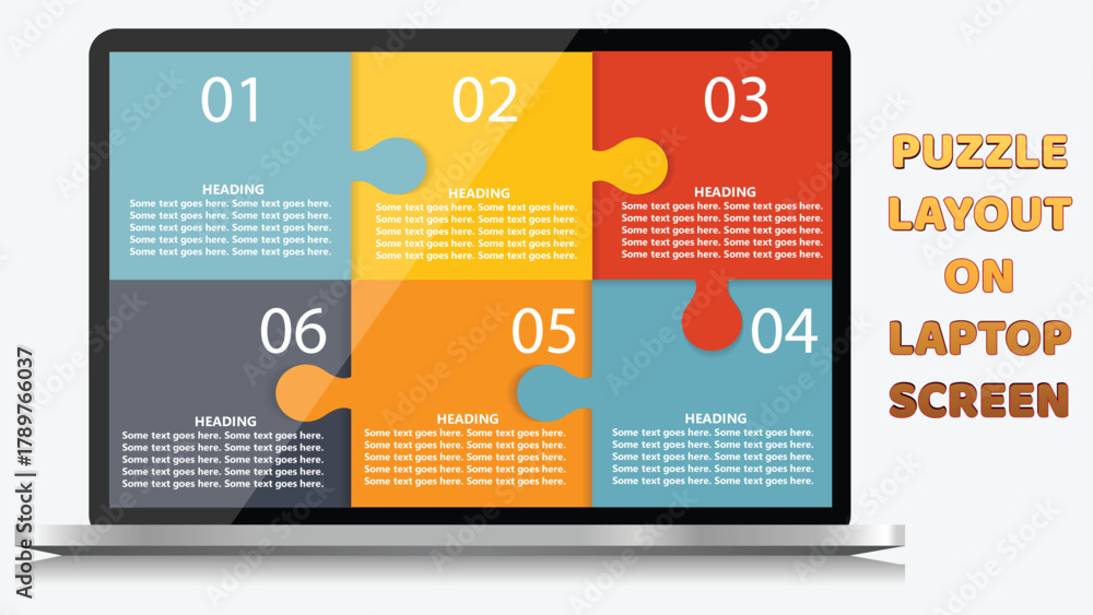 Colorful Puzzle Layout on Laptop Screen Showing Sections, Headings, and ...