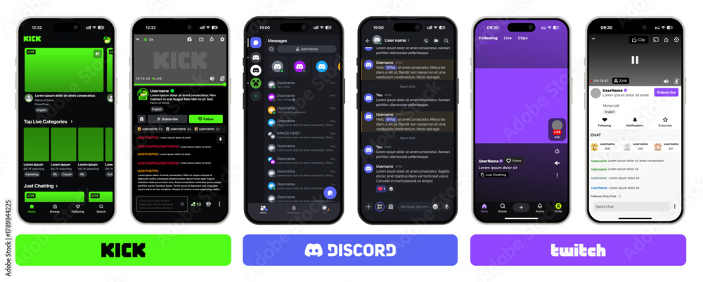 Image vectorielle Stock Discord, Twitch, and Kick streaming app ...