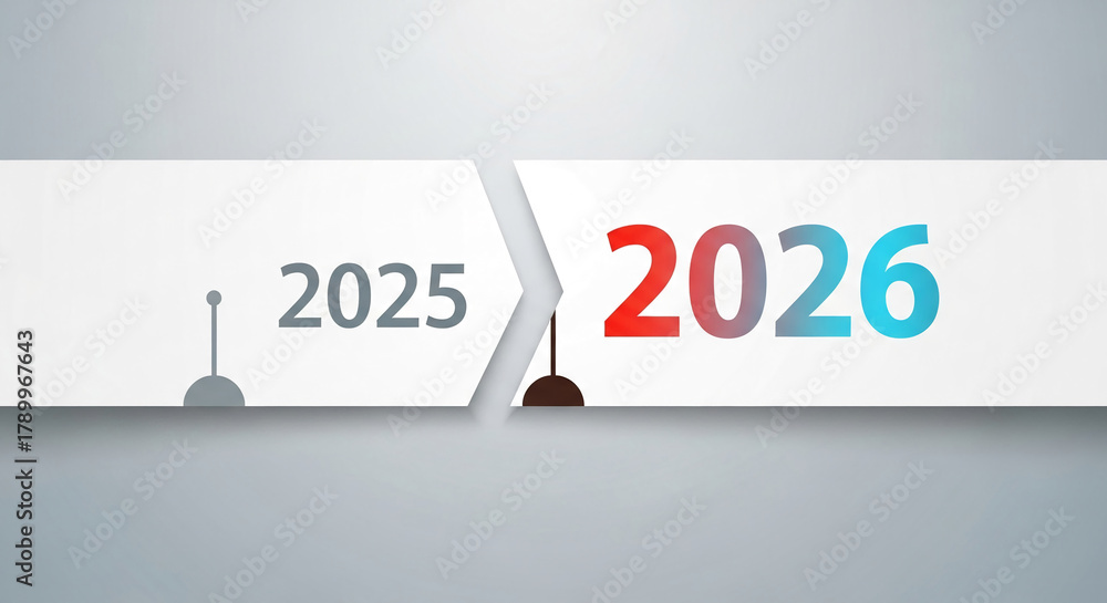 The image shows a timeline with the years 2025 and 2026 in gray, red ...